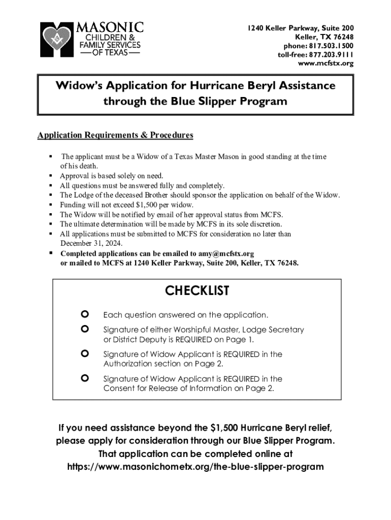 Fillable Online Widow’s Application for Hurricane Beryl Assistance ...