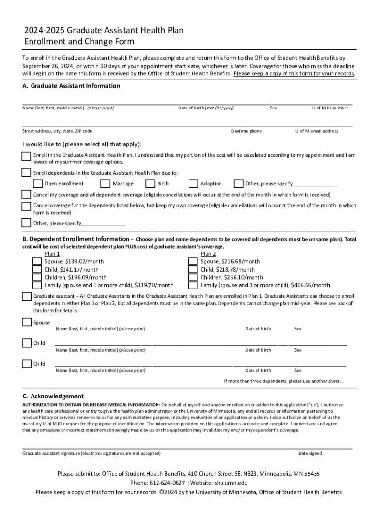 Fillable Online Graduate Assistant Health Plan Enrollment and Change ...