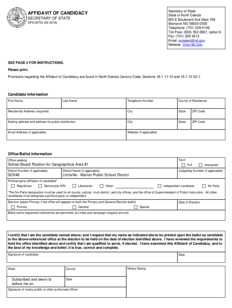 Fillable Online Affidavit of Candidacy (SFN 02703). Affidavit of ...