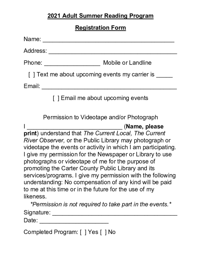 Fillable Online Adult Summer Reading Program Registration Fax Email ...