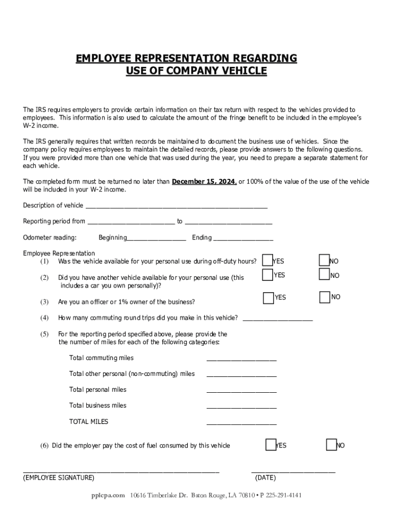 Fillable Online Employee Representation Regarding Use of Company ...