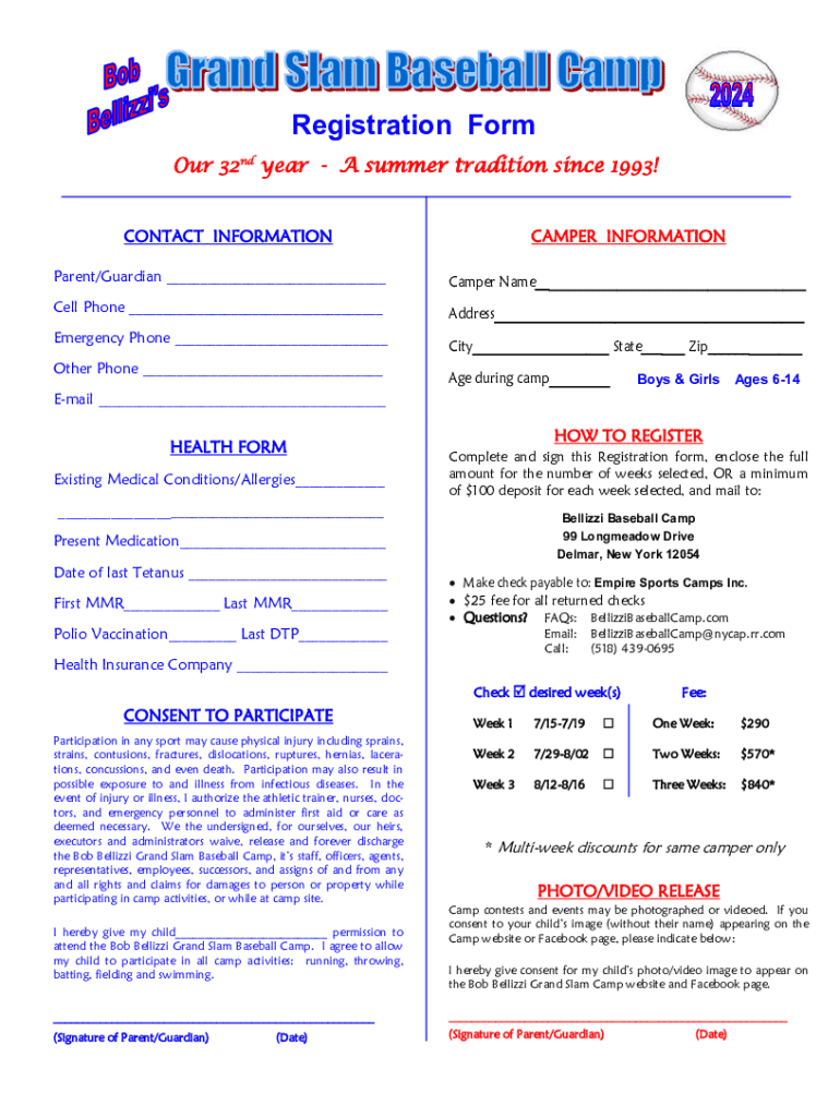 Fillable Online Bob Bellizzi Grand Slam Baseball Camp Registration Fax ...
