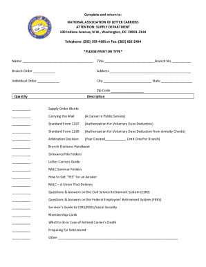 Fillable Online Nalc Supply Order Form Fax Email Print - pdfFiller