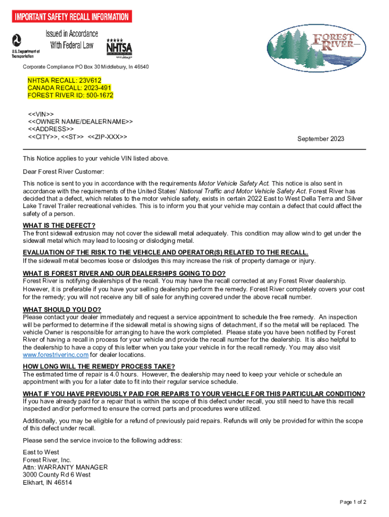 Fillable Online Nhtsa Recall Notice 23v612 Fax Email Print - pdfFiller