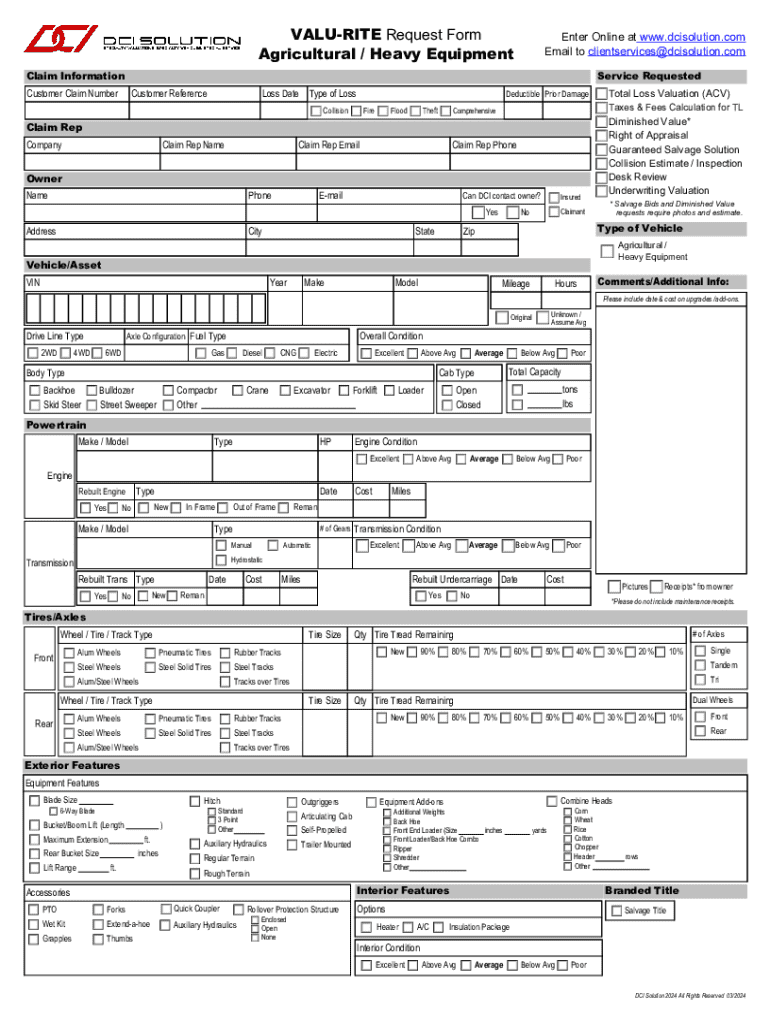 Fillable Online VALU-RITE Request Form Agricultural / Heavy Equipment ...