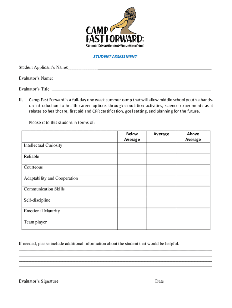 Fillable Online Student Evaluation Form for Camp Fast Forward Fax Email Print - pdfFiller