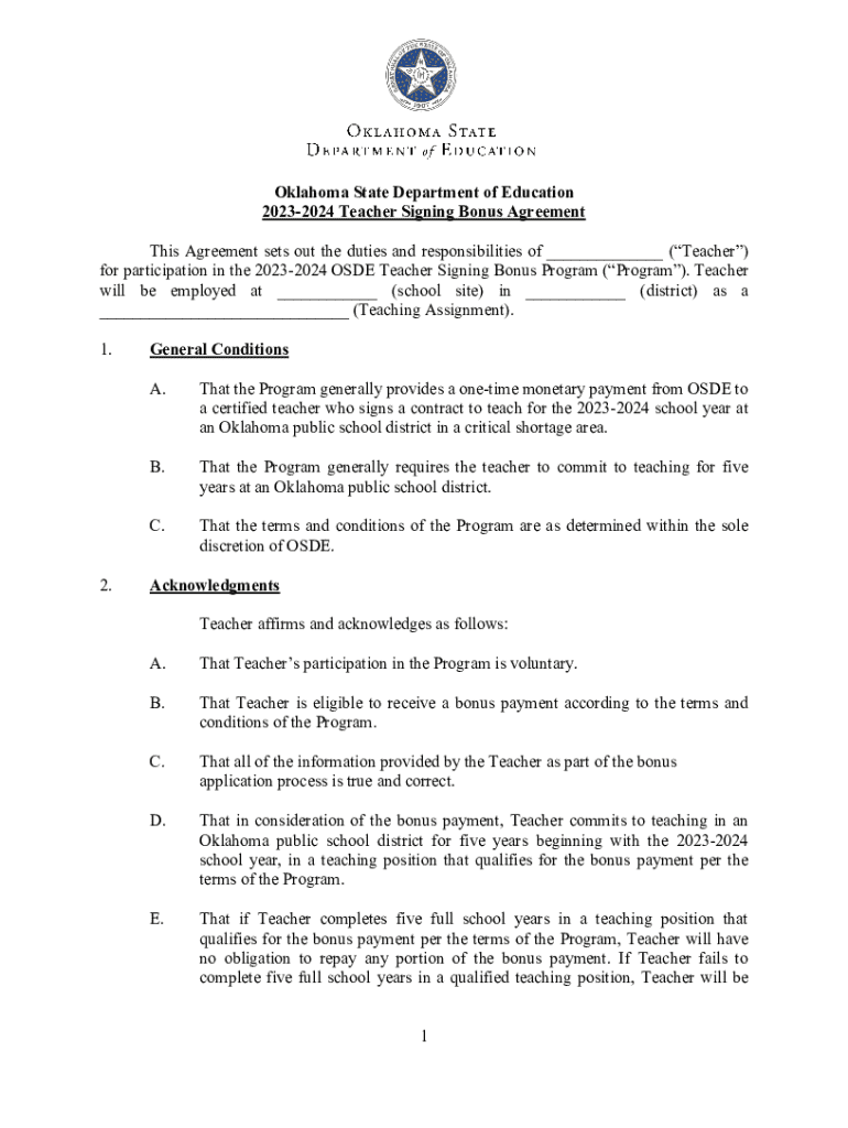Fillable Online 2023-2024 Teacher Signing Bonus Agreement Fax Email ...
