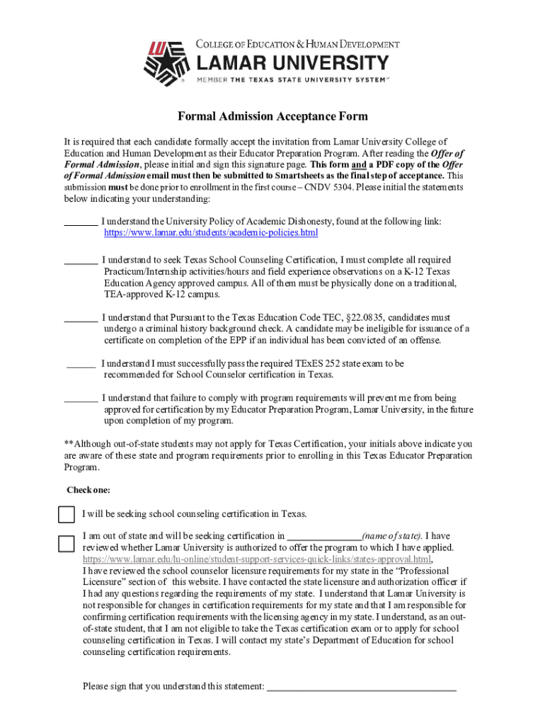 Fillable Online Fillable Formal Admission Acceptance Form (Lamar ... Fax Email Print - pdfFiller