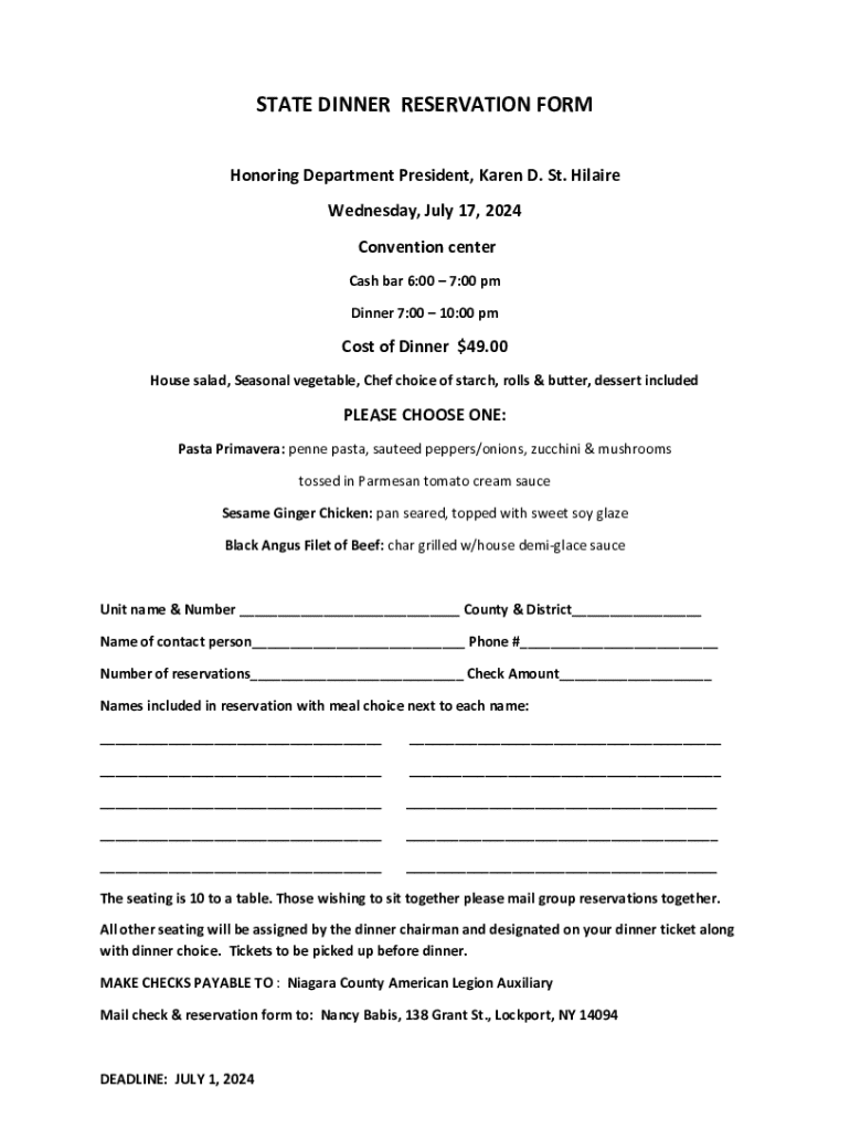 Fillable Online Dinner Reservation for Honoring Department President ...