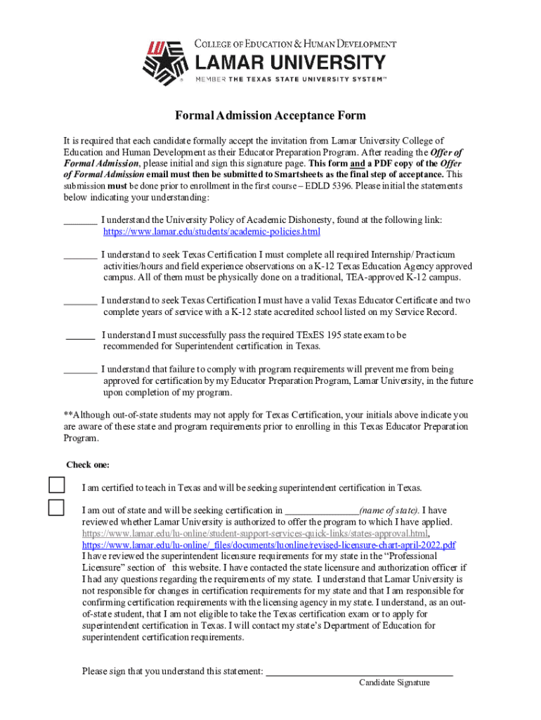 Fillable Online Formal Admission Acceptance to Lamar University College of Education and Human ...
