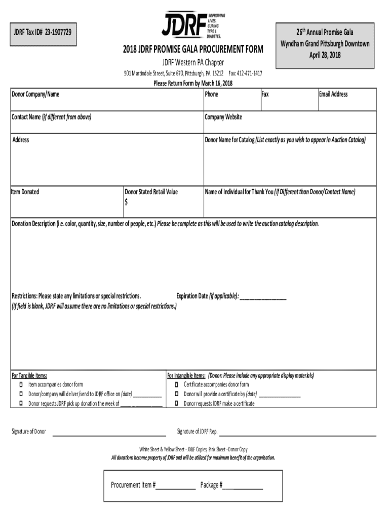 Fillable Online 2018 Jdrf Promise Gala Procurement Fax Email Print ...