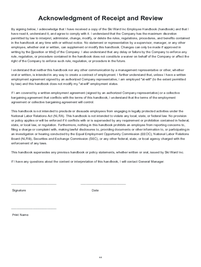 Fillable Online Acknowledgment of Receipt and Review of Employee Handbook Fax Email Print ...