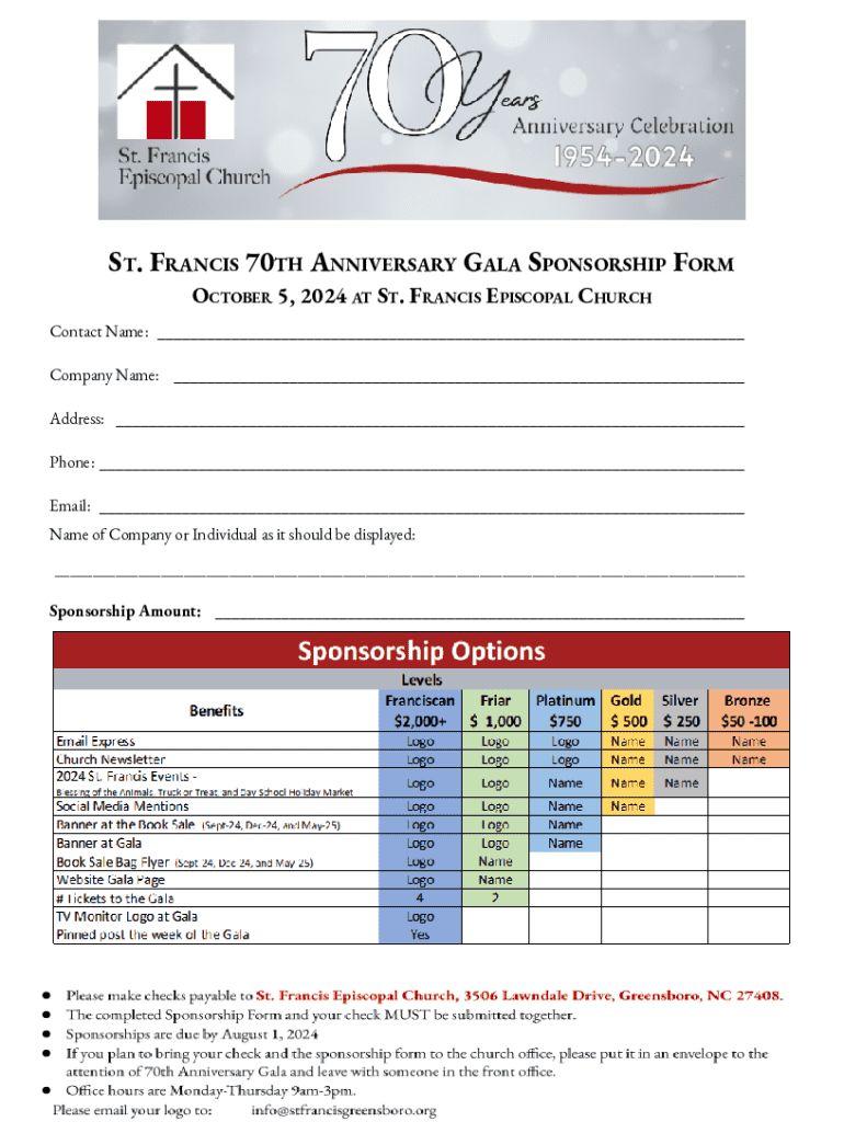 Fillable Online St. Francis 70th Anniversary Gala Sponsorship Form Fax ...