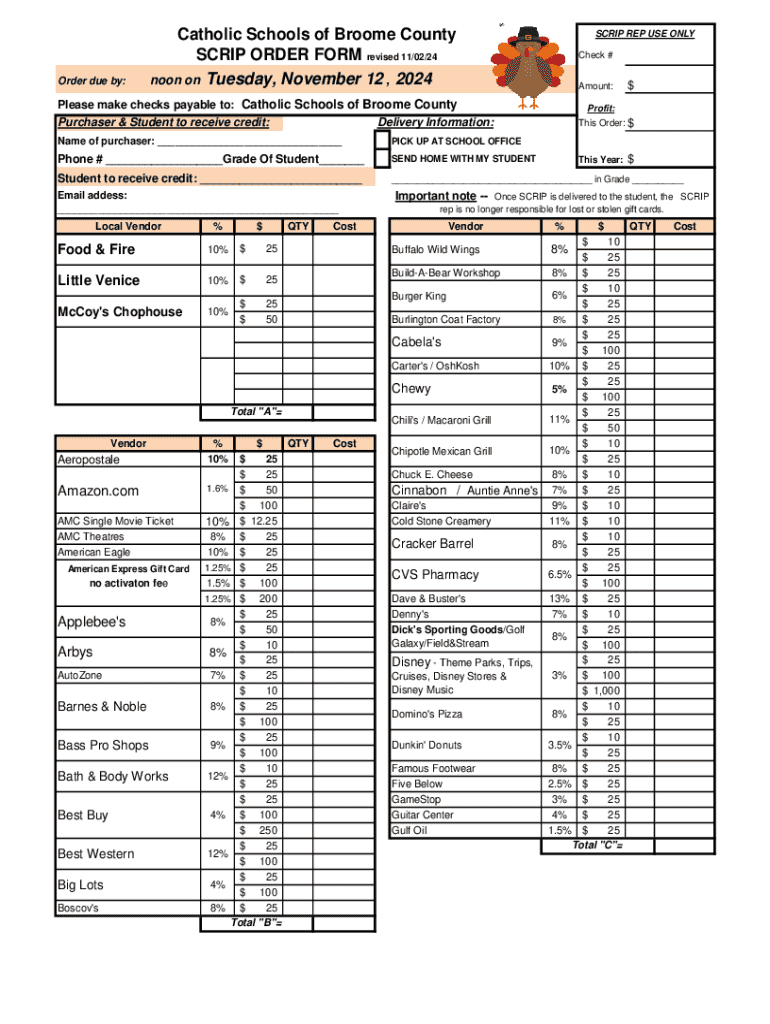 Fillable Online Catholic Schools of Broome County Scrip Order Form Fax Email Print - pdfFiller