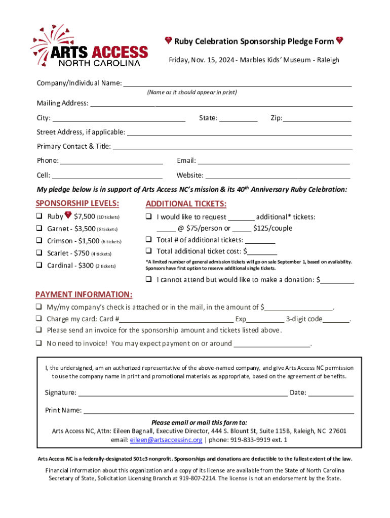 Fillable Online Ruby Celebration Sponsorship Package - Raleigh Fax Email Print - pdfFiller