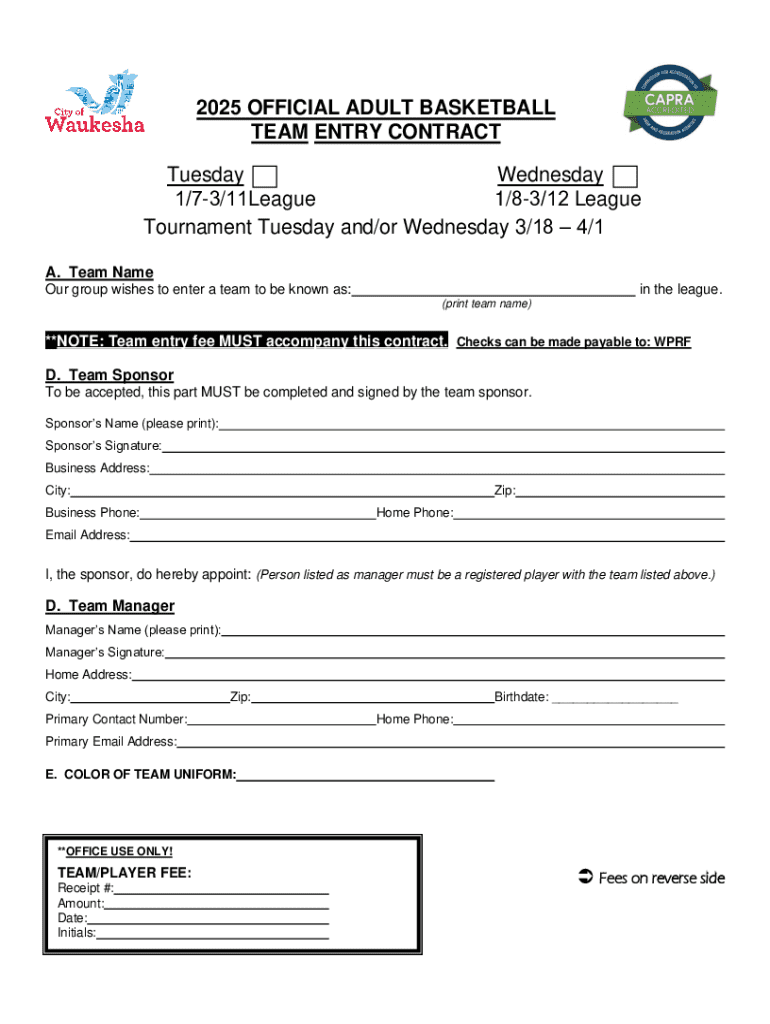 Fillable Online 2025 Adult Basketball Team Entry Fax Email Print ...