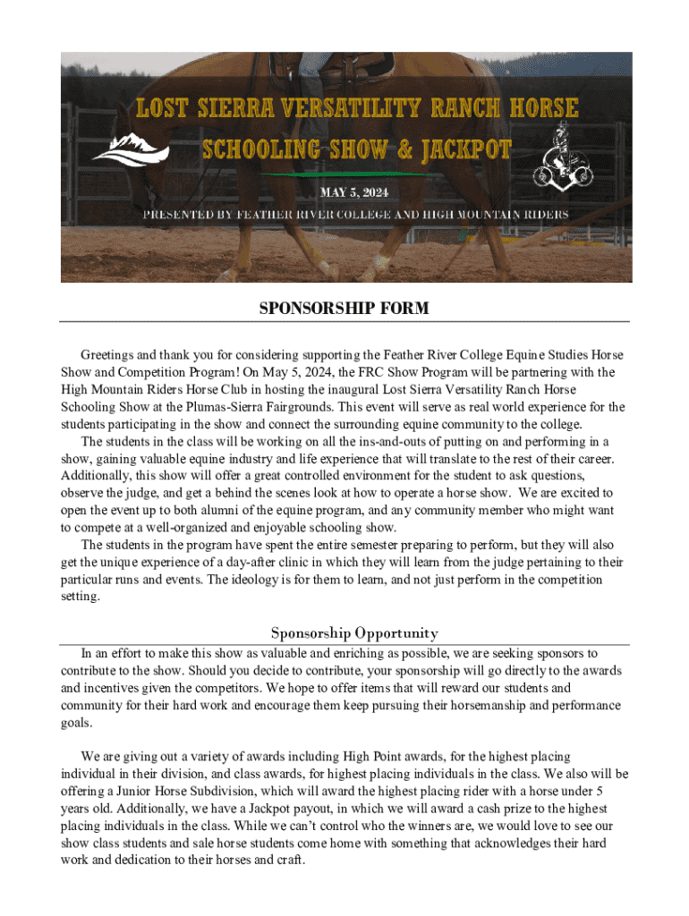Fillable Online 2024 Lost Sierra Versatility Ranch Horse Schooling Show & Jackpot Sponsorship ...