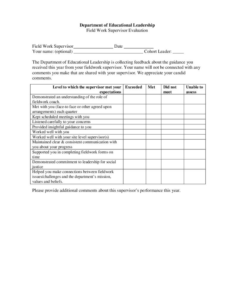Fillable Online Field Work Supervisor Evaluation Form Fax Email Print - pdfFiller