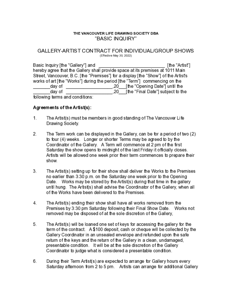 Fillable Online Gallery-artist Contract for Individual/group Shows Fax ...