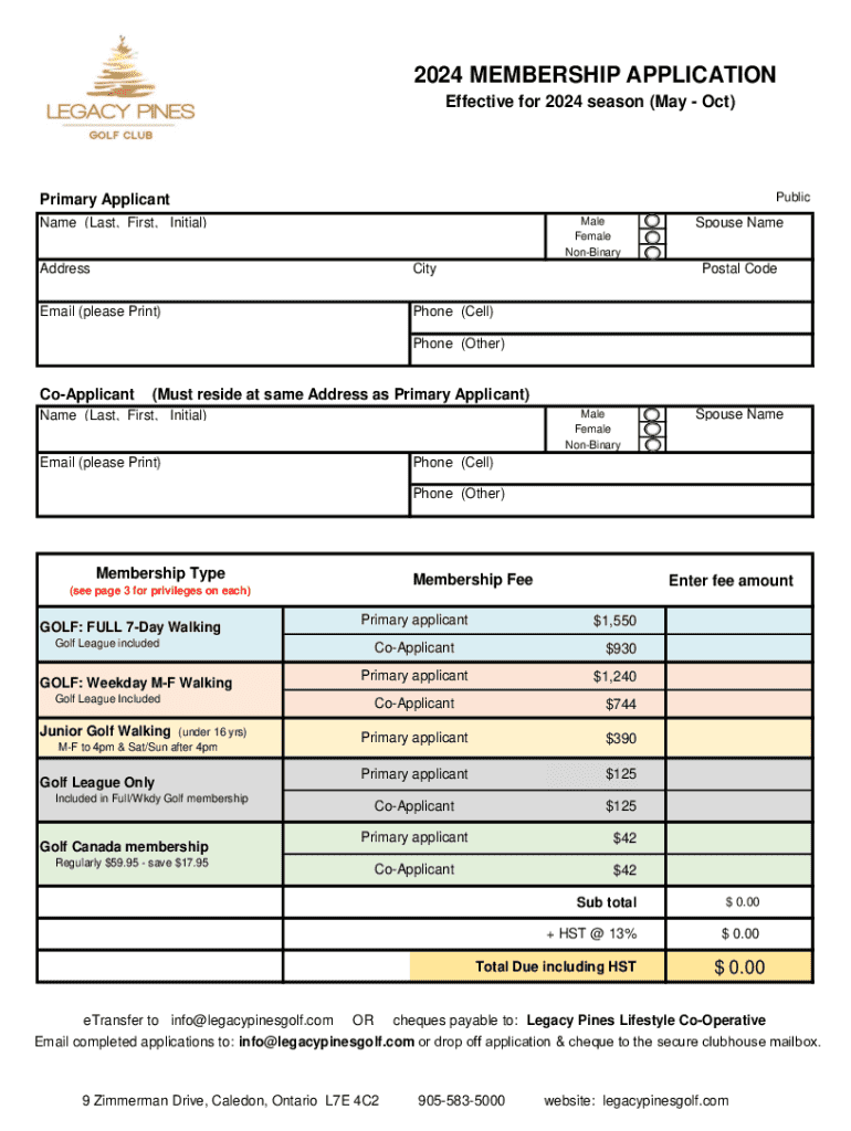 Fillable Online 2024 Golf Membership Application Fax Email Print ...