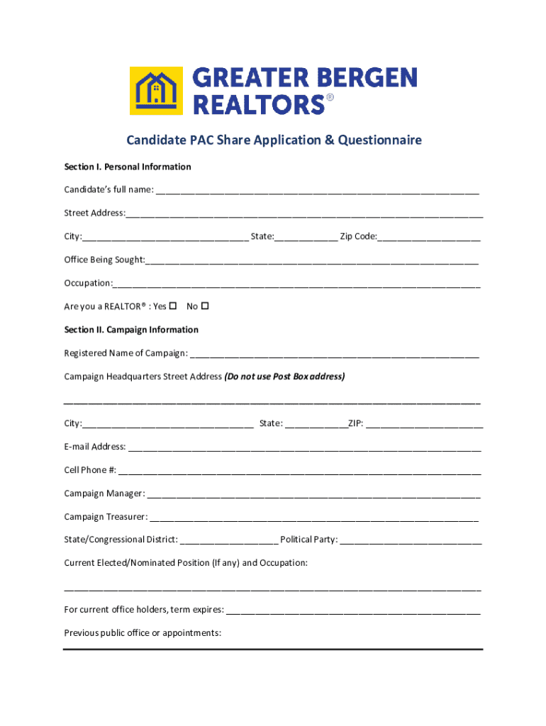 Fillable Online Candidate Pac Share Application & Questionnaire Fax Email Print - pdfFiller