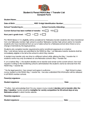 Fillable Online Student & Parent Nsaa May 1 Transfer List Consent Form ...