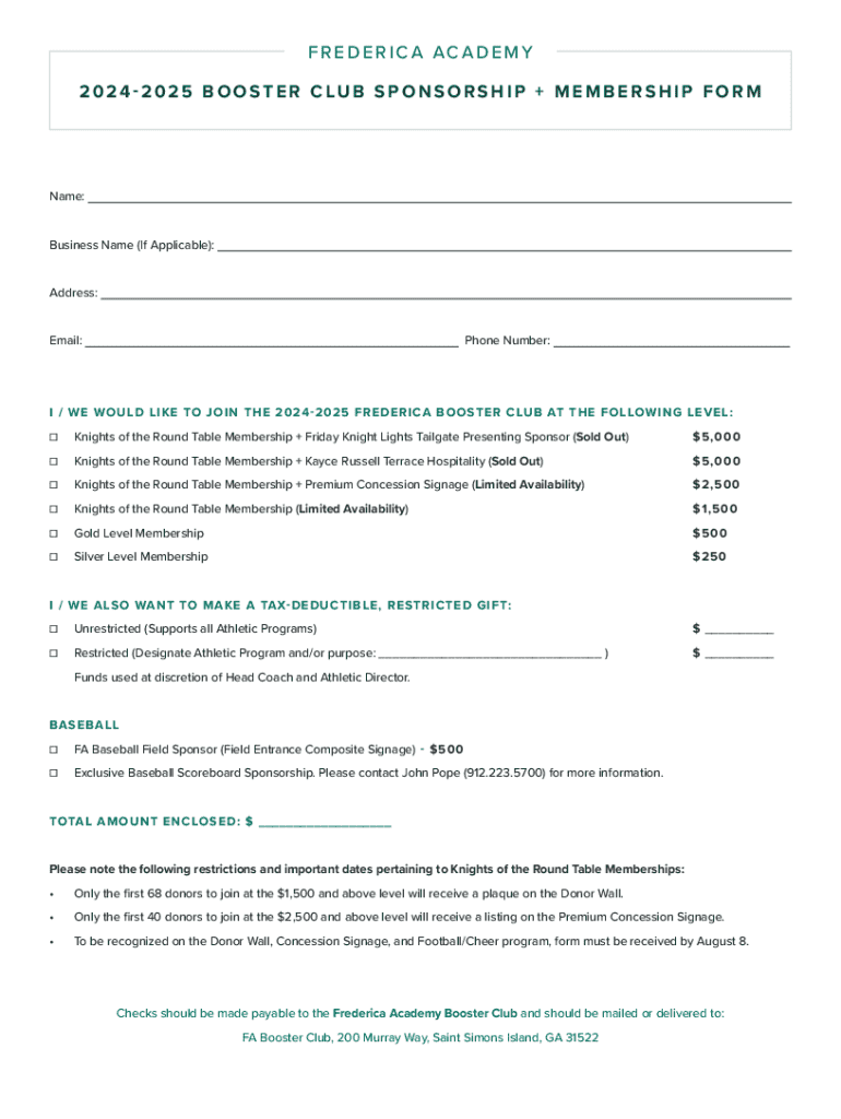 Fillable Online 2024-2025 booster club sponsorship + membership form ...