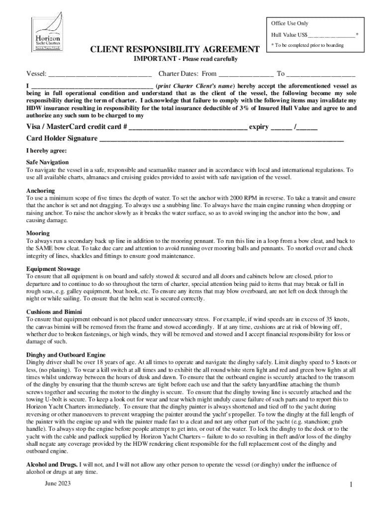 Fillable Online Client Responsibility Agreement for Yacht Charter Fax Email Print - pdfFiller