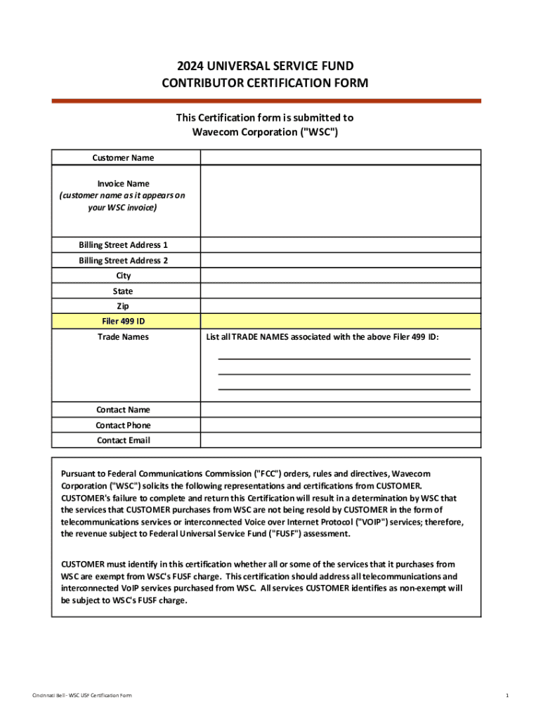 Fillable Online 2024 Universal Service Fund Contributor Certification ...