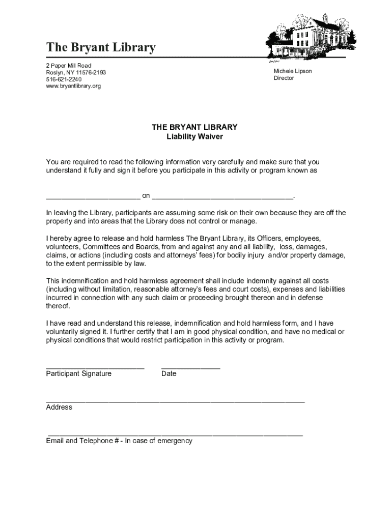 Fillable Online the Bryant Library Liability Waiver Fax Email Print - pdfFiller
