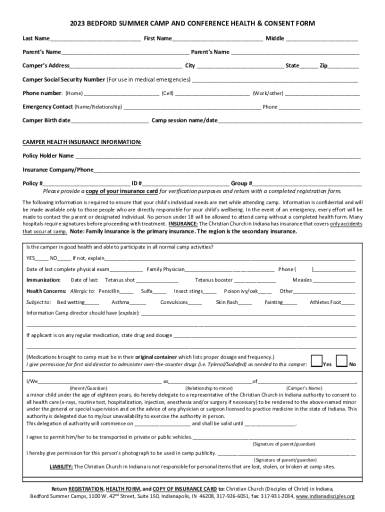 Fillable Online 2023 Bedford Summer Camp Health & Consent Fax Email ...