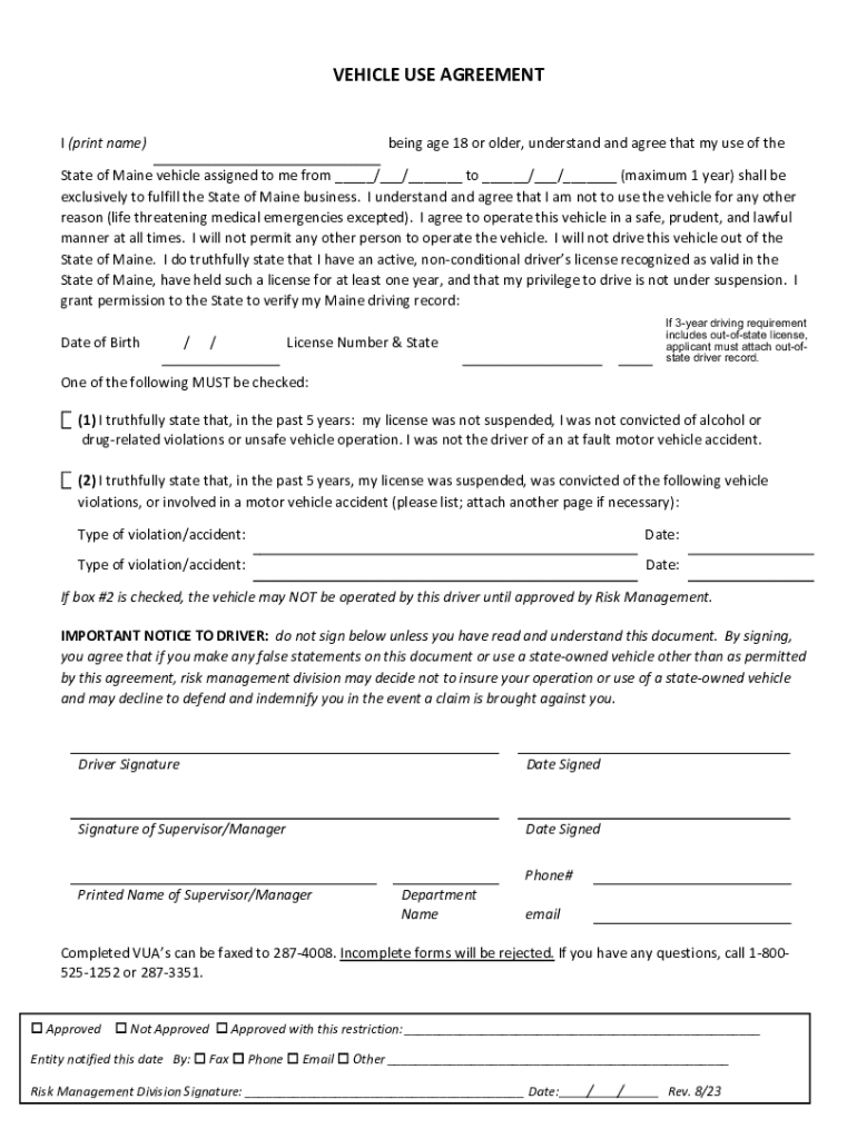 Fillable Online Vehicle Use Agreement Form.pdf Fax Email Print - pdfFiller
