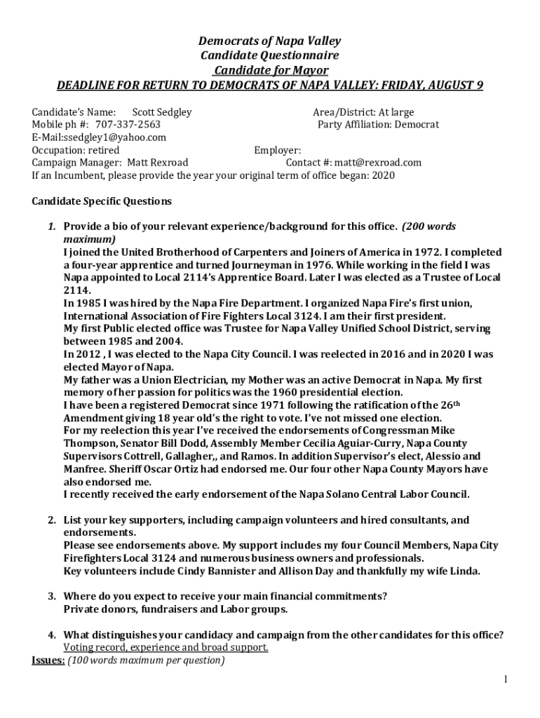 Fillable Online Candidate Questionnaire for Mayor Scott Sedgley Fax ...