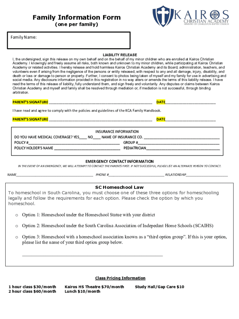 Fillable Online Family Information and Liability Release Form Fax Email ...