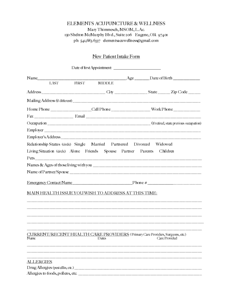 Fillable Online New Patient Intake Form for Acupuncture and Wellness ...