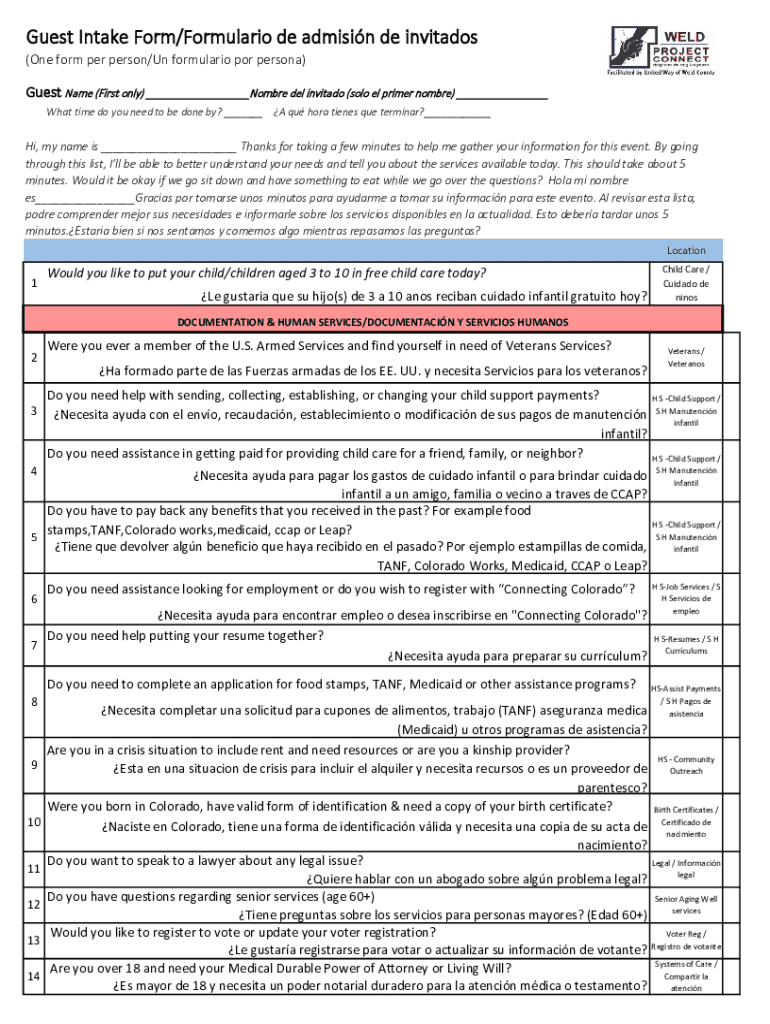 Rellenable en línea Guest Intake Form/Formulario de admisin de ...