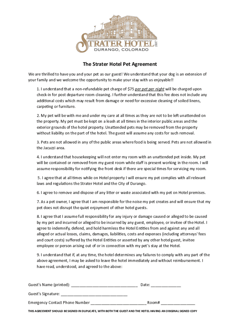 Fillable Online Pet Agreement for Guests at Strater Hotel Fax Email ...