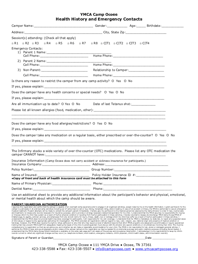 Fillable Online Camper Name: Gender: Age: Birthdate: Fax Email Print - pdfFiller