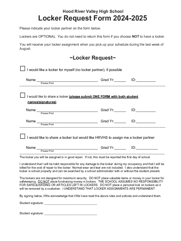 Fillable Online Locker Request Form 2024-2025 Fax Email Print - pdfFiller