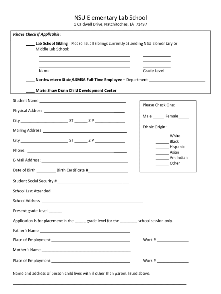 Fillable Online Application for Nsu Elementary Lab School Enrollment ...