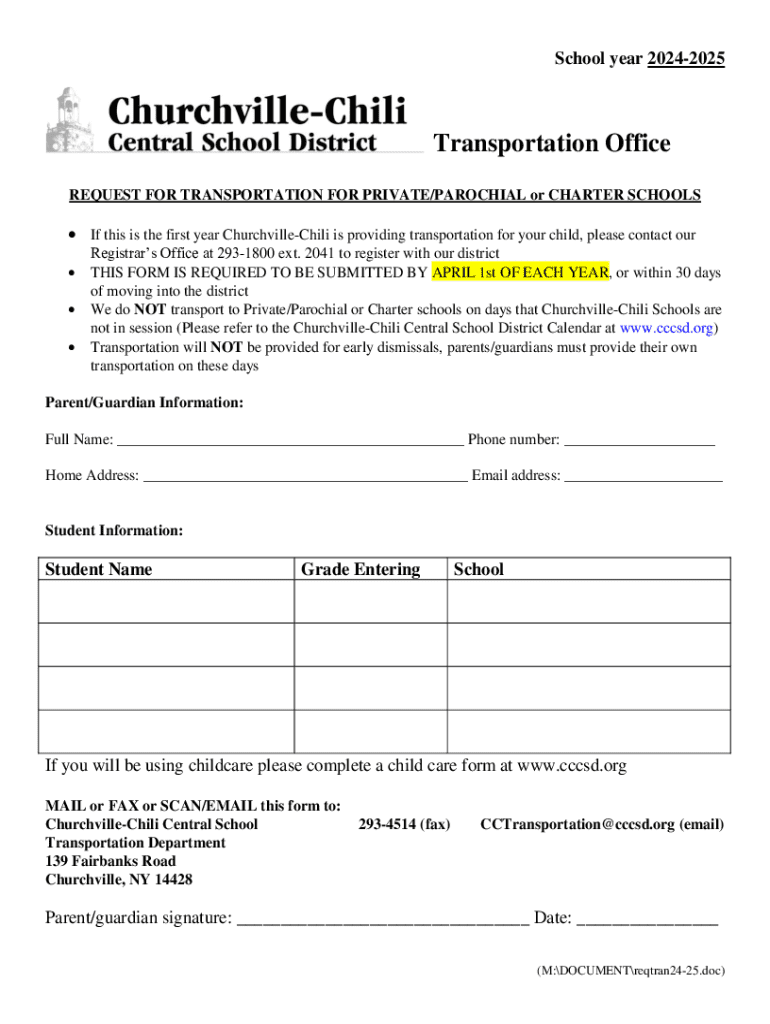 Fillable Online Request for Transportation for Private/parochial or Charter Schools Fax Email ...