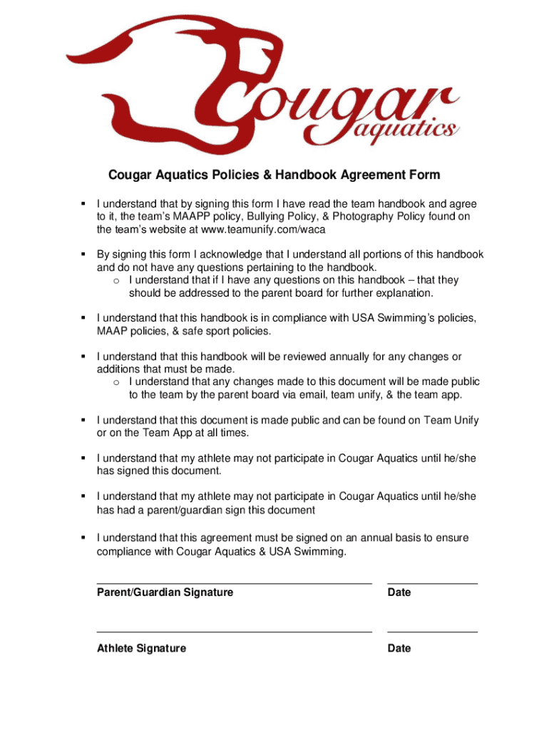 Fillable Online Cougar Aquatics Policies & Handbook Agreement Fax Email ...