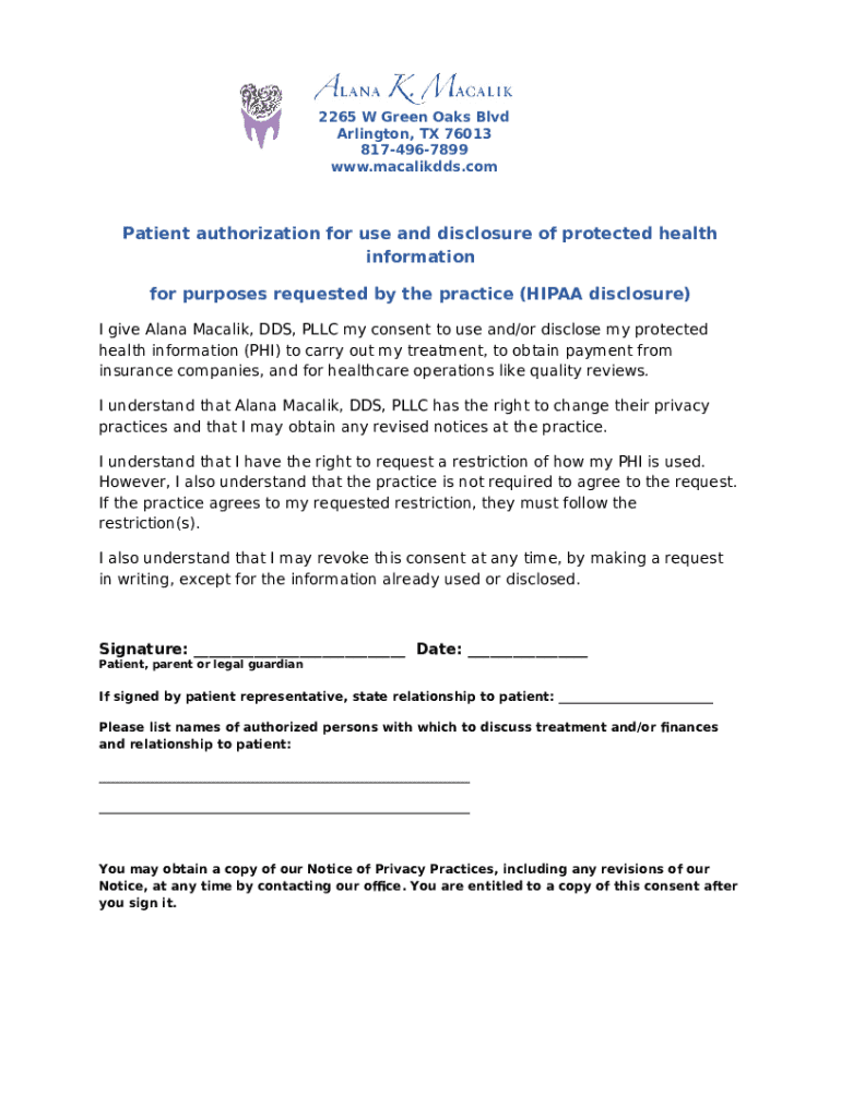 Patient Authorization for Use and Disclosure of Protected Health Ination Doc Template | pdfFiller