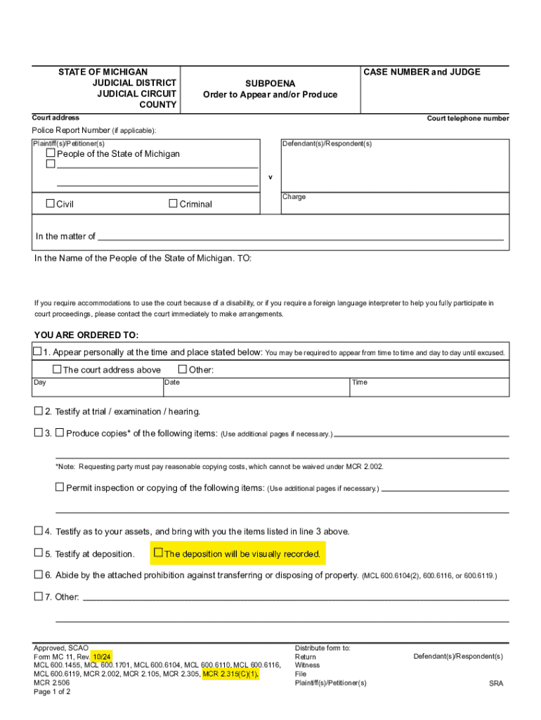 Fillable Online Subpoena, Order to Appear and/or Produce Fax Email ...