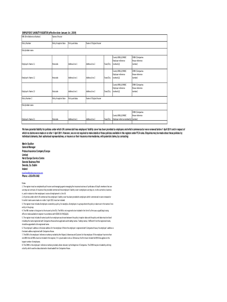 Fillable Online Employers’ Liability Register (effective Date: January 1st, 2019) Fax Email ...