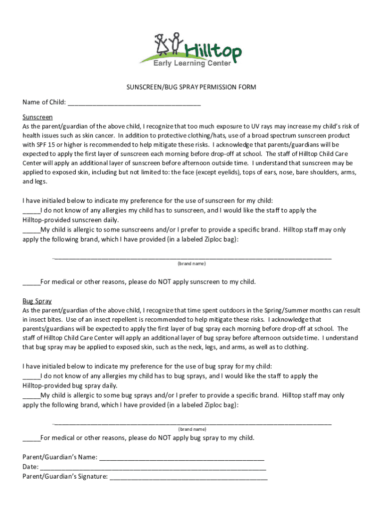 Fillable Online Sunscreen and Bug Spray Permission Form for Hilltop ...