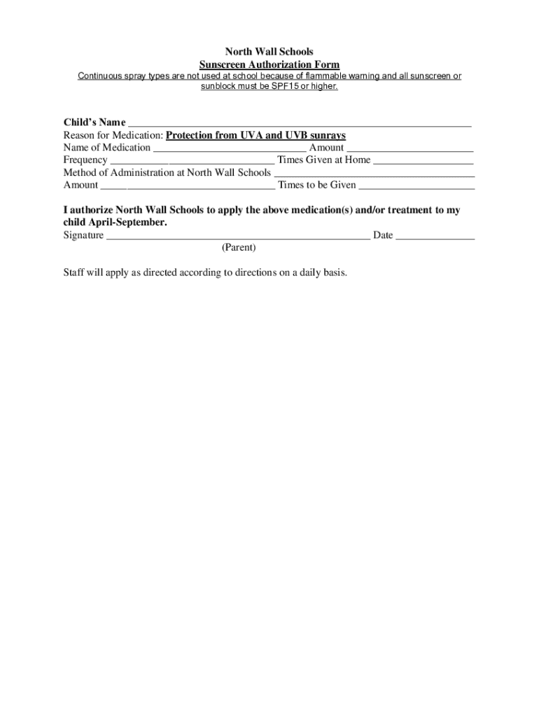 Fillable Online Sunscreen Authorization for North Wall Schools Fax ...