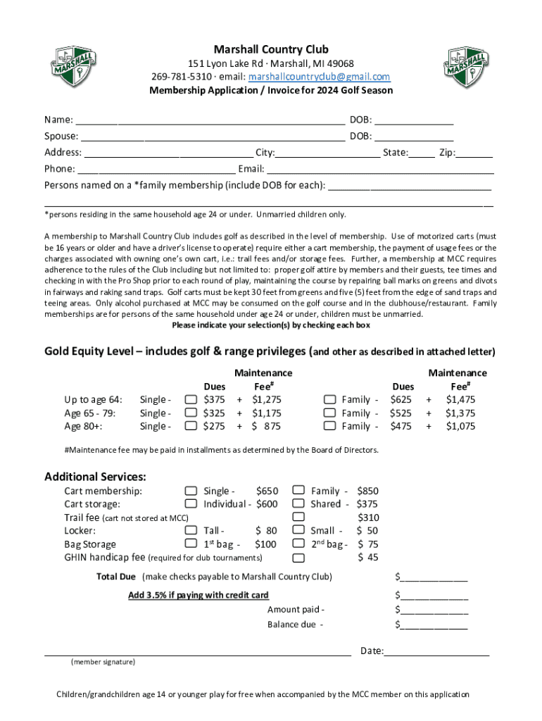 Fillable Online Marshall Country Club Membership Application for 2024 ...