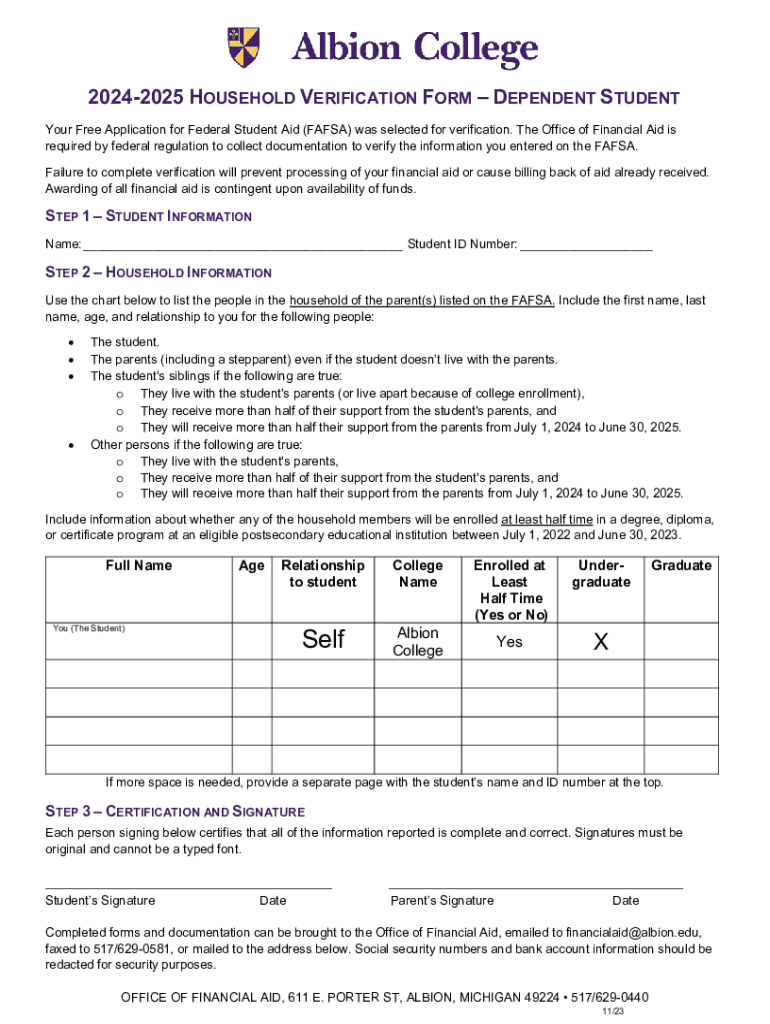 Fillable Online Household Verification Form for Dependent Students Fax ...