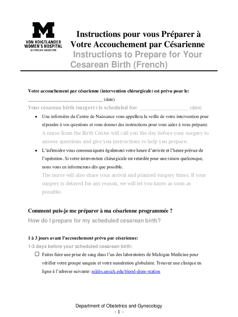 Fillable Online Instructions to Prepare for Your Cesarean Birth (French ...
